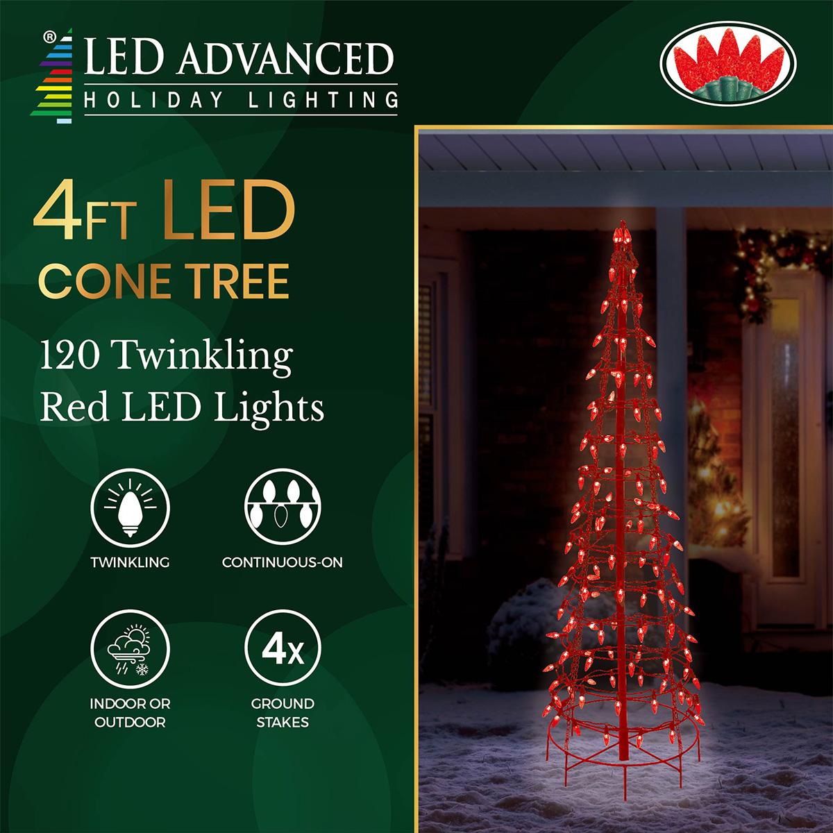 4 Ft Cone Tree With 120 Red Twinkling C5 LED Lights