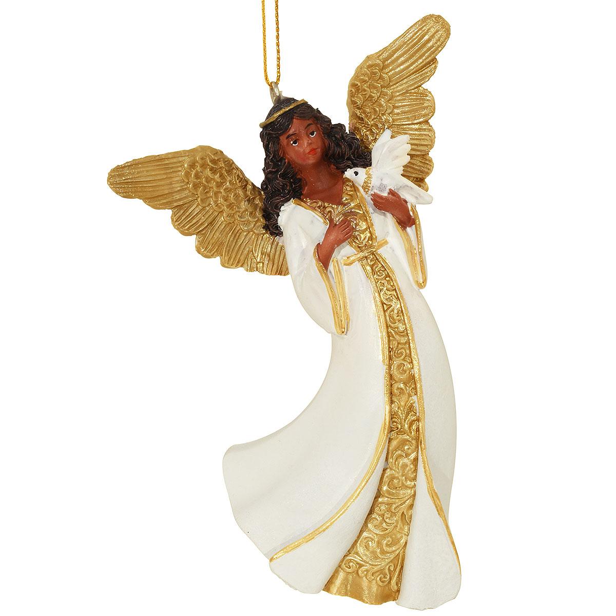 Resin Angel In White And Gold Robe Ornament, Dark Skin