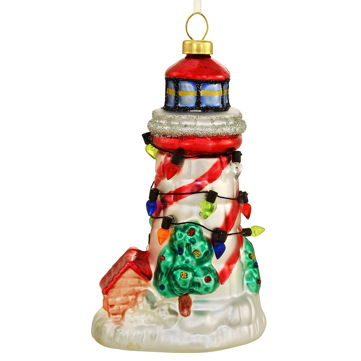 Christmas Lighthouse Glass Ornament
