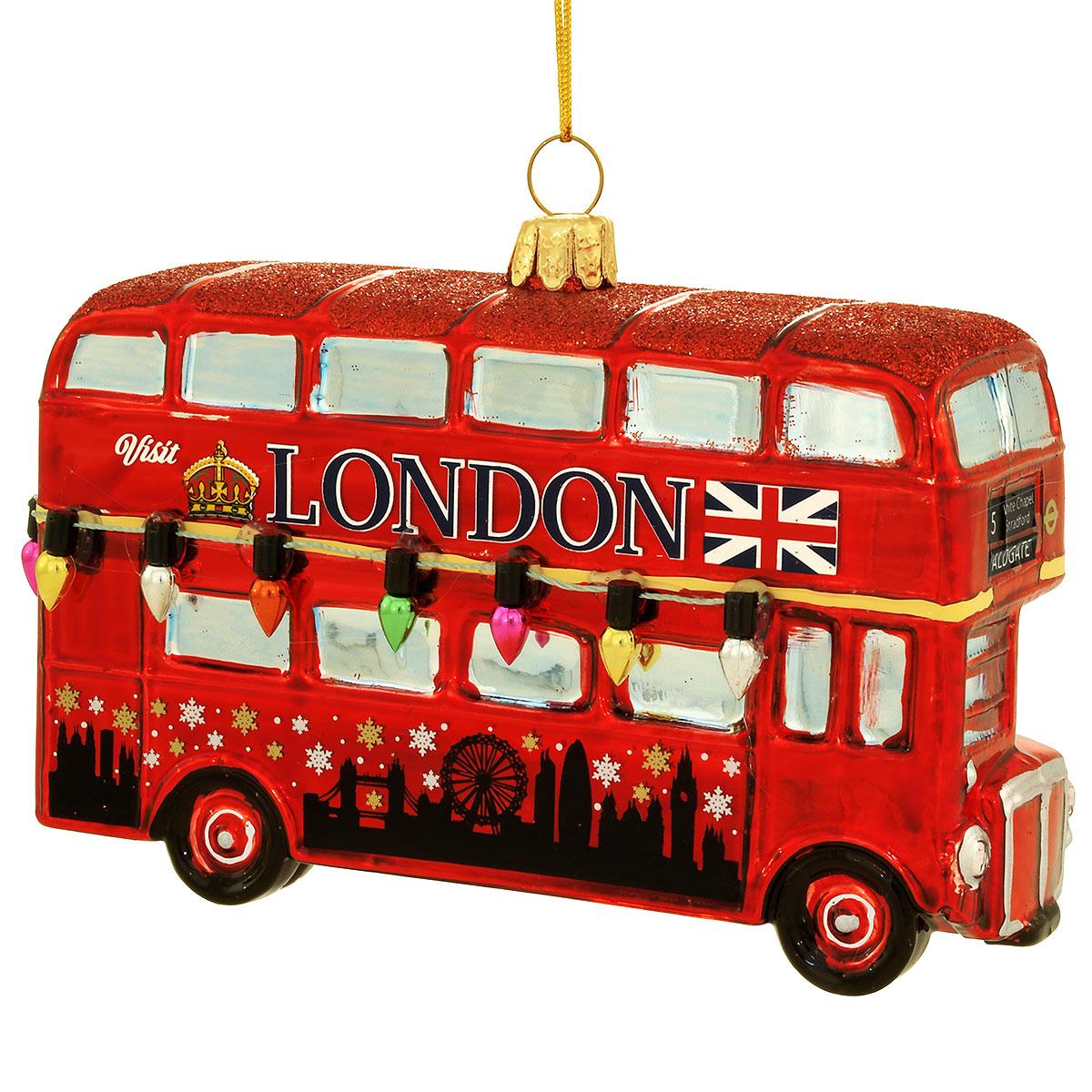 London Bus With Lights Glass Ornament